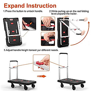 Double Rhombus Folding Hand Truck Platform Truck 330 Lbs Heavy Duty Dolly Cart with Wheels, Fully Folded Push Cart, Portable Trolley Utility Cart for Easy Storage, Garage Moving Shopping Home Office