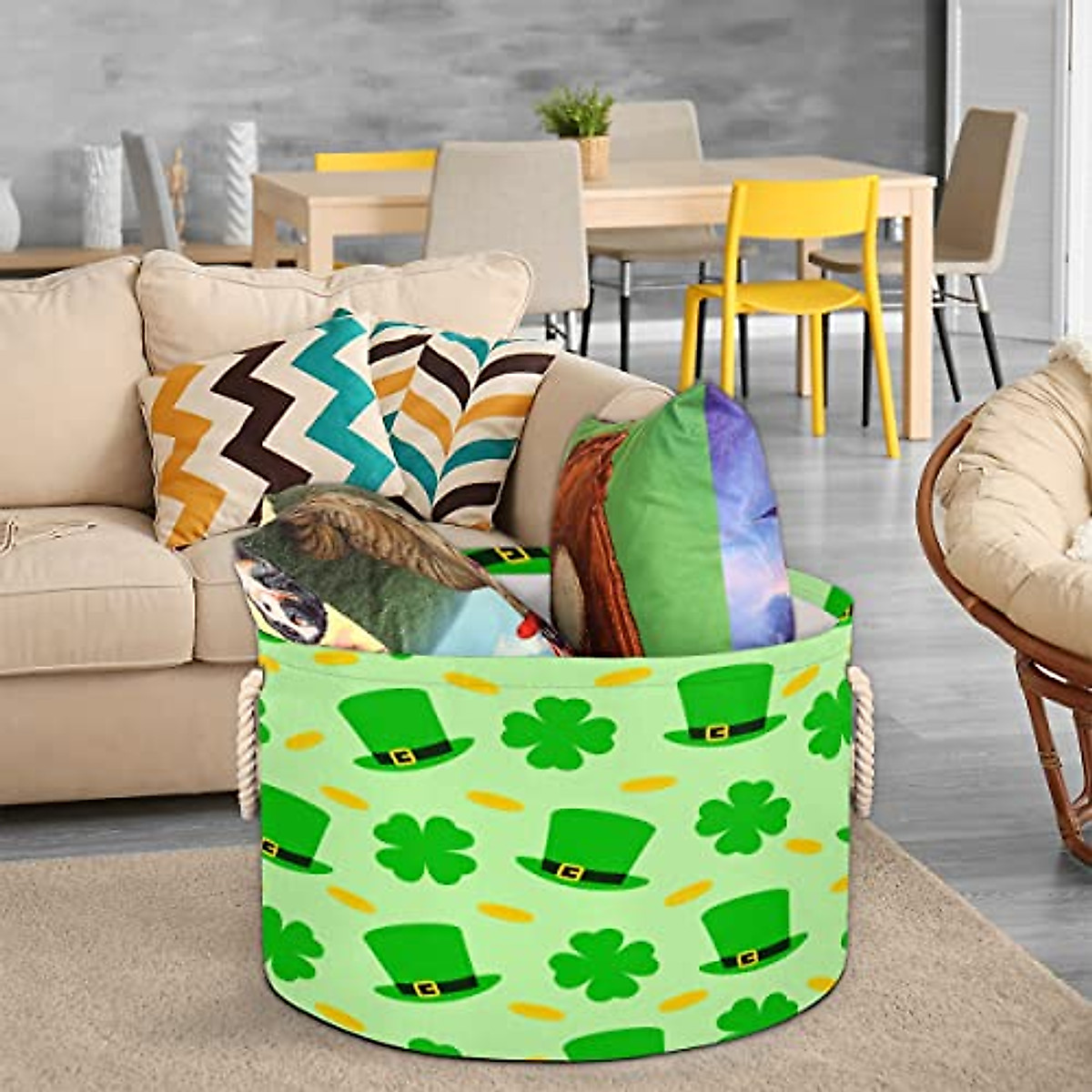 St. Patrick's Day Green Clover Leaves (10) Large Round Baskets for Storage Laundry Baskets with Handles Blanket Storage Basket for Bathroom Shelves Bins for Organizing Nursery Hamper Girl Boy