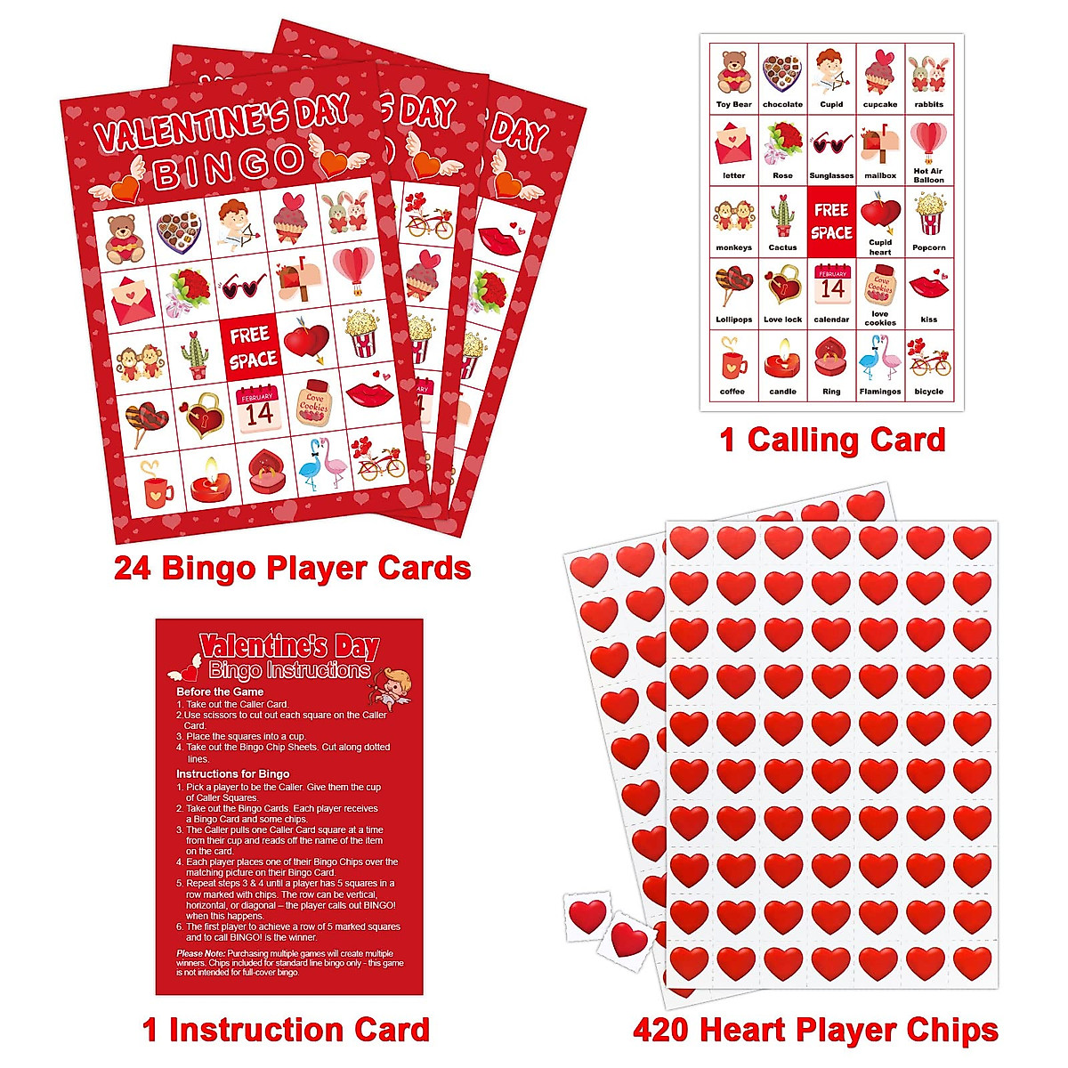 TENDFINE 24 Players Valentine’s Day Bingo Cards - Valentines Bingo Game for Valentine Party School Classroom Family Activities