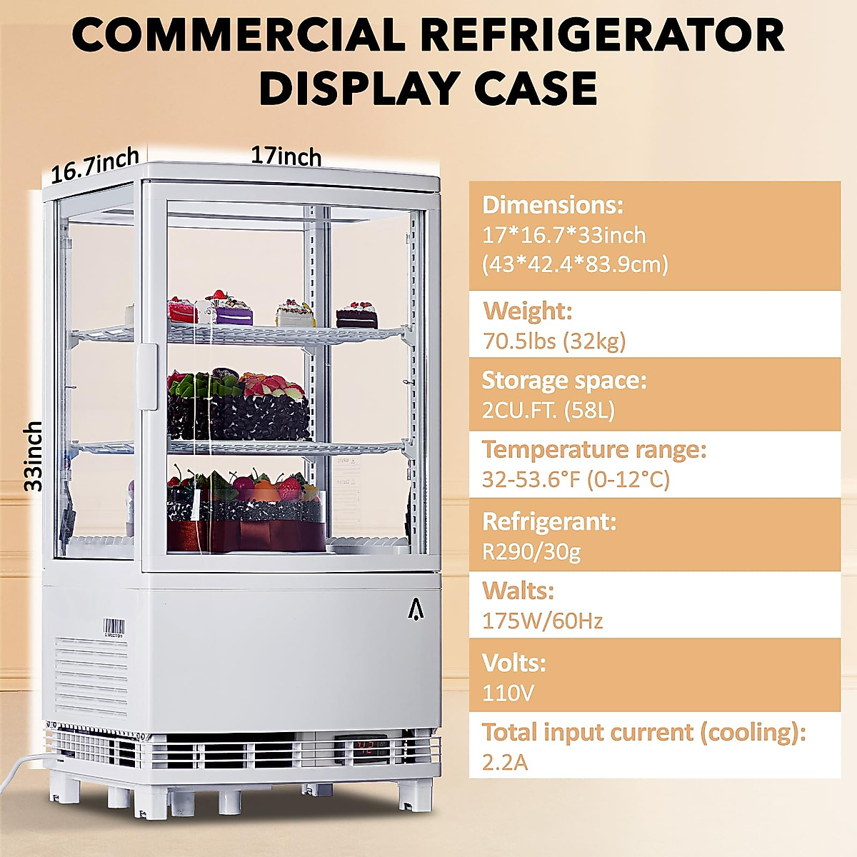 Takywep Commercial Refrigerator Display Case 2 Cu.FT, Two Glass Door Display Refrigerator Display Fridge, Countertop/Floor Refrigerator with LED Lighting, Adjustable Shelves, Double-Layered Glass