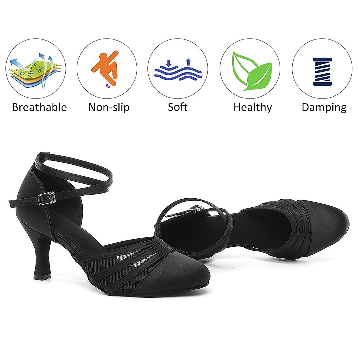 DKZSYIM Women's Satin Latin Dance Shoes Close Toe Ballroom Performance Dancing Shoes,YCL189-Black-7.5,US 9