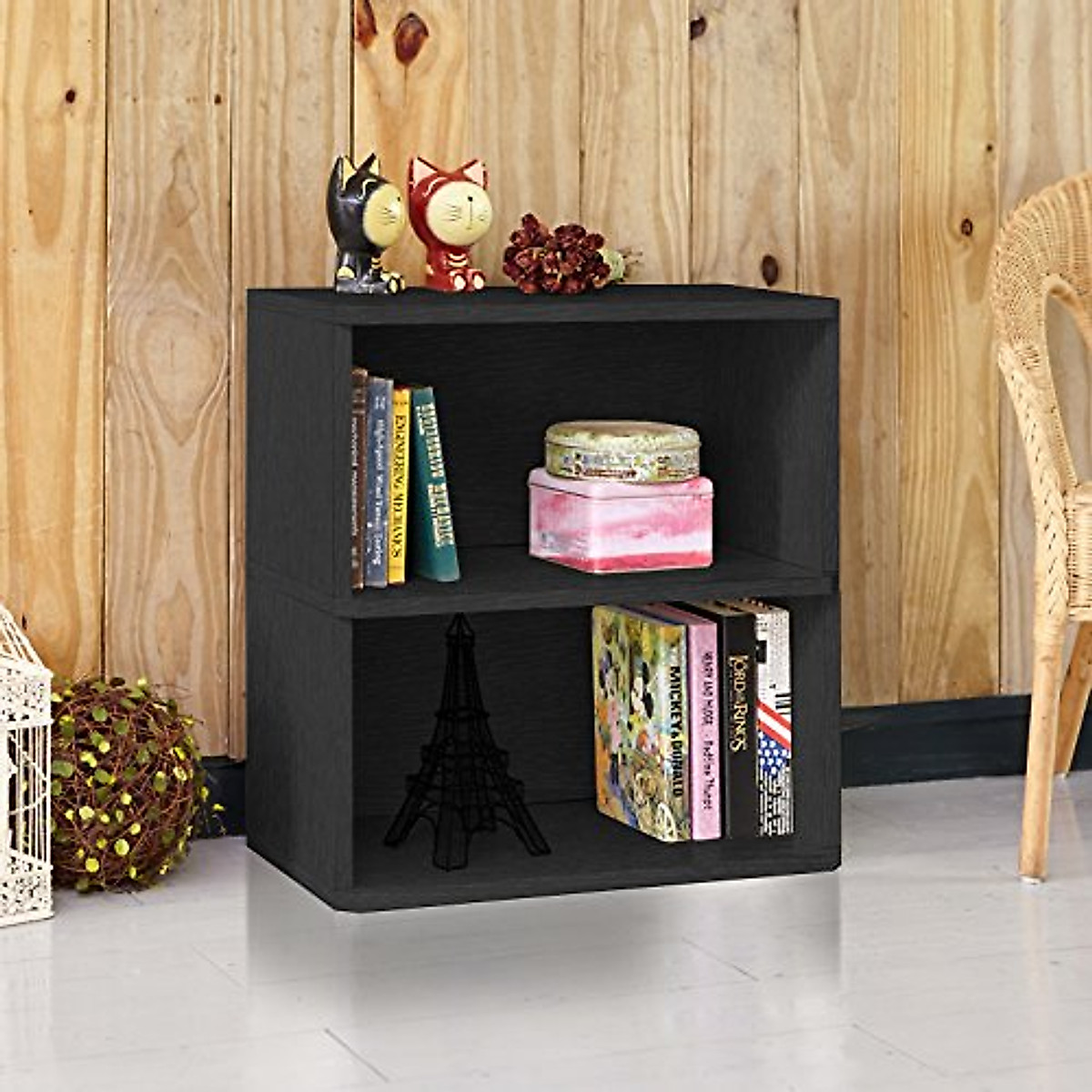 Way Basics Webster 2 Tier Bookshelf Display Storage and Organizer (Tool-Free Assembly and Uniquely Crafted from Sustainable Non Toxic zBoard Paperboard) Black, 12D x 22.8W x 24.7H in