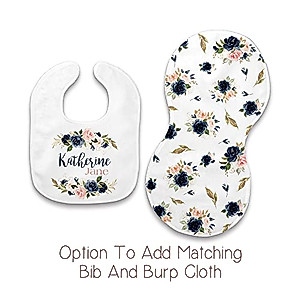 Navy and Blush Floral Personalized Baby Blanket with Name-Custom Baby Blankets for Girls- Personalized Baby Girl Shower Gifts - Personalized Baby Blankets for Girls with Name Blush