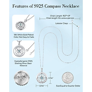 S925 Sterling Silver Necklace for Wife, Anniversary Year Gifts for Wife Compass Jewelry, Birthday Gift Ideas for Her Girlfriend Woman Necklaces, 18K White Gold March