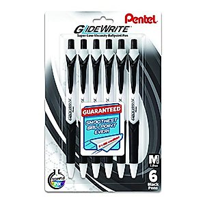 Pentel GlideWrite Ballpoint Pen with TechniFlo Ink, (1.0mm) Medium Line, Black, 6 count (BX910-D)