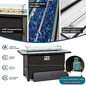 SUNLEI Patio Furniture Set (8 PCS) with 45" 50000BTU Pit Table, All Weather Rattan Patio Conversation Sofa with Coffee Table, Aegean Blue/Black Rattan