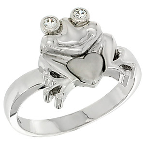 Sterling Silver Frog & Heart Ring CZ stones Rhodium Finished, size 8