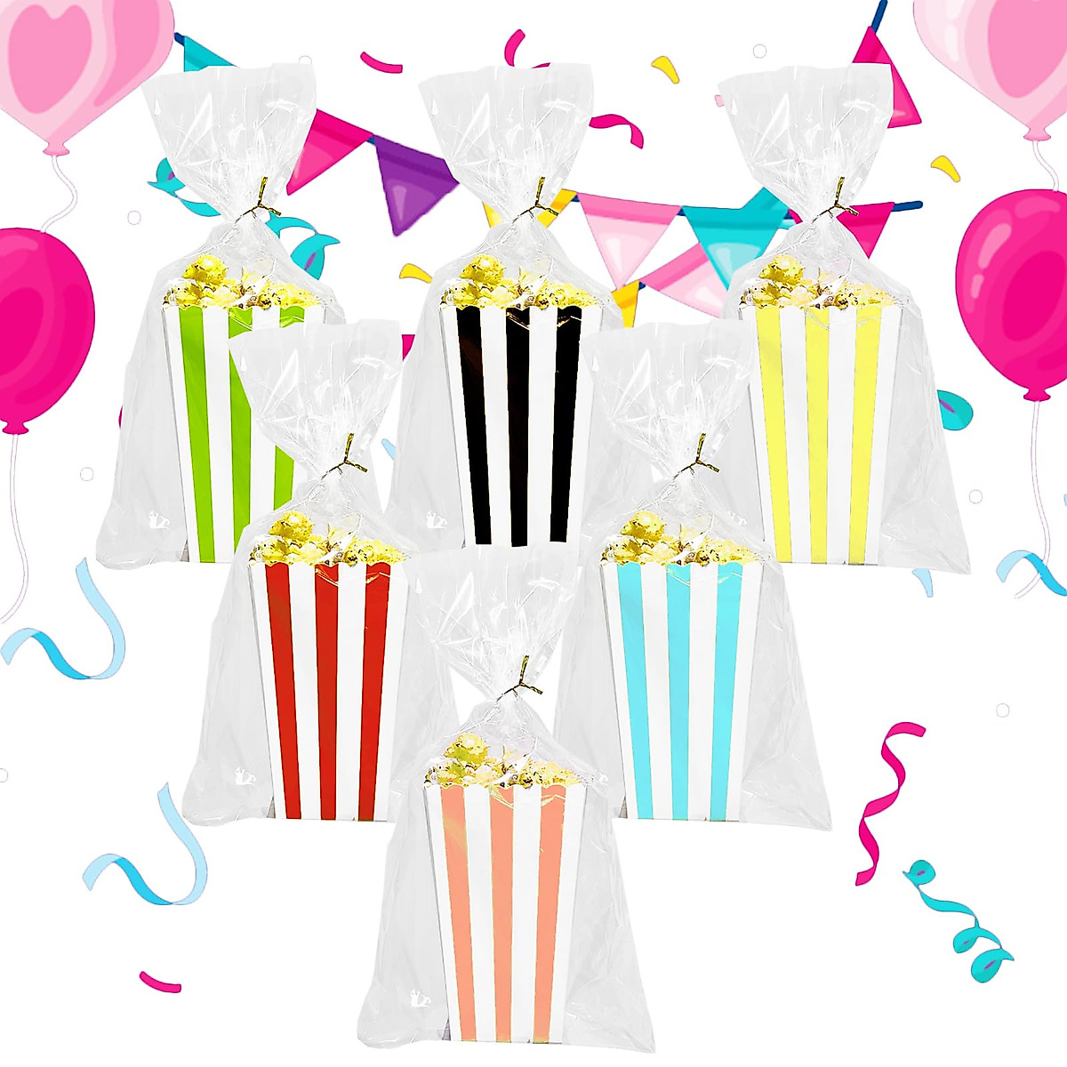 24 Pack Mini Popcorn Boxes,Candy Favor Treat Box with Clear Cellophane Bags,Paper Popcorn Buckets Containers for Birthday,Baby Shower,Party Favor