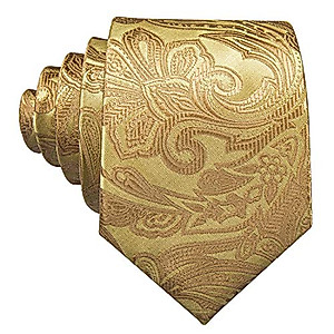 Barry.Wang Men Tie Set Paisley Gold Silk Necktie Pocket Square Cufflinks Formal Wedding Party Business Prom