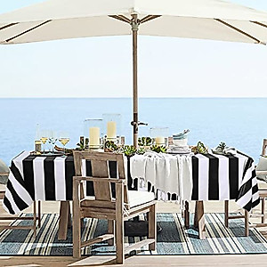 LUSHVIDA 100% PVC Outdoor Tablecloth with Umbrella Hole, Waterproof & Stain Resistant Vinyl Table Cloth for Spring Summer Patio Garden Tabletop Decor, Black/White Stripe, Rectangular 60x102 Inch