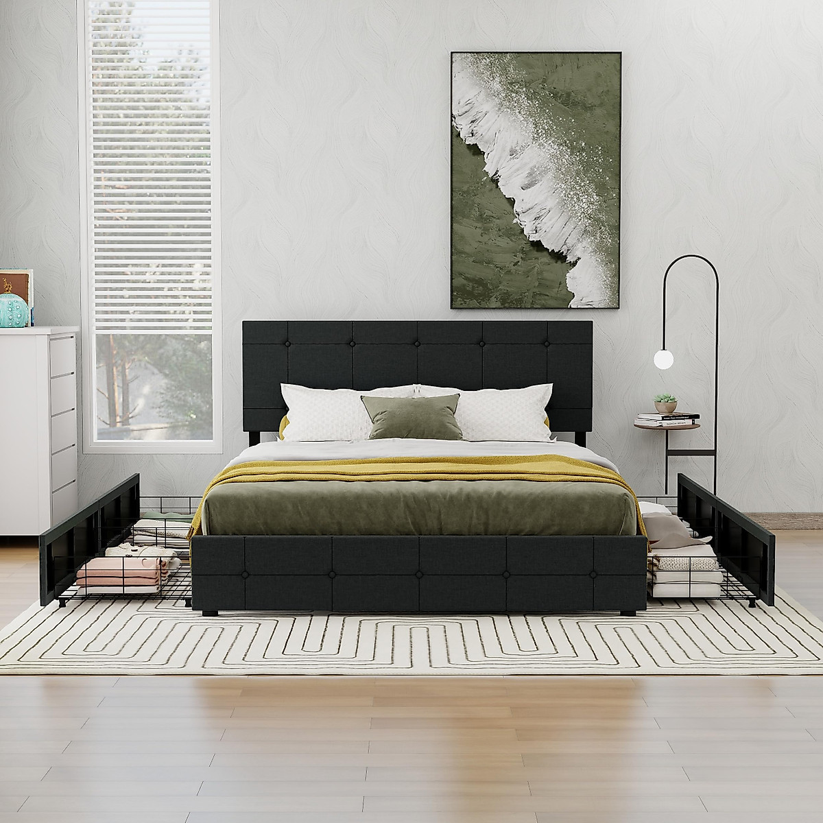 Tuconia Linen Upholstered Platform with 4 Storage Drawers Bed Frame with Headboard and Wooden Slats Support Easy Assembly Queen Size Black