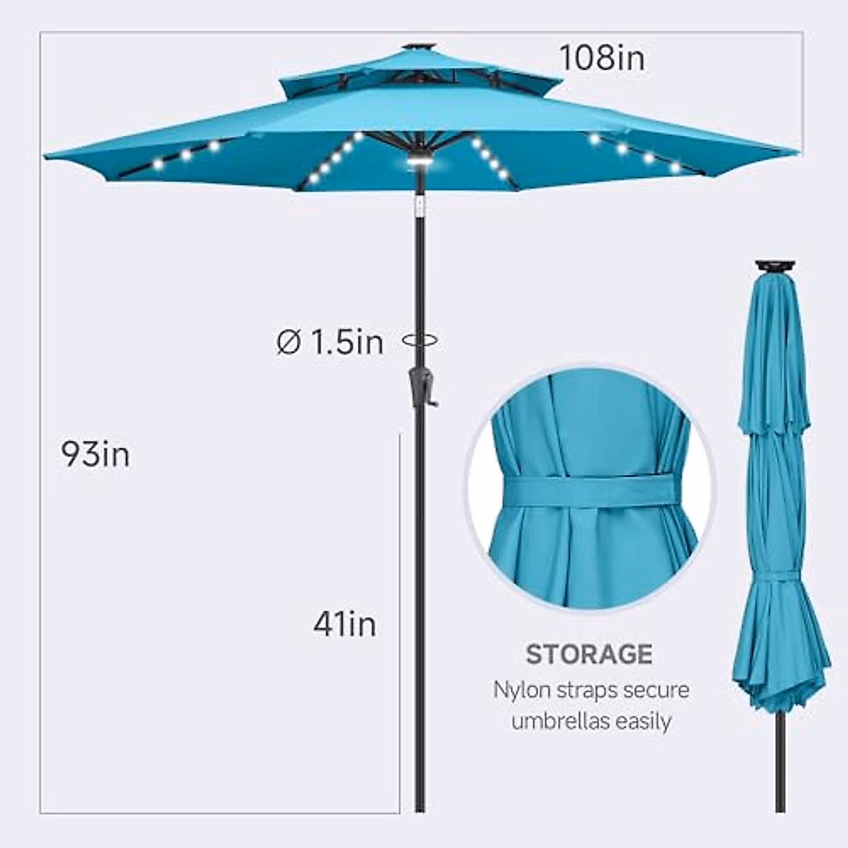 FLAME&SHADE 9 ft Double Top Solar Powered Outdoor Market Patio Table Umbrella with LED Lights and Tilt, Aqua Blue