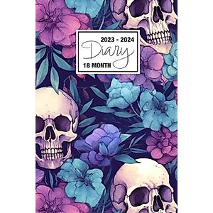 2023 - 2024: 18 Month Diary A5 Week to View on 2 Pages Weekly Journal Agenda WO2P Planner Jul 23 to Dec 24 Horizontal With Moon Phases, UK & US ... And Flowers Watercolour Deep Purple And Teal