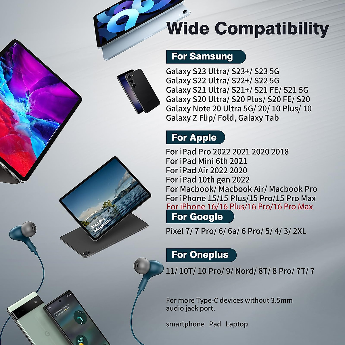 APETOO USB C Headphones for Samsung S24 Ultra S23 S22 S21 FE Plus A35,iPhone 15 Plus 16 Pro,iPad 10,Magnetic Wired Earbuds Noise Canceling in-Ear Type C Earphone Mic Volume Control for Pixel,OnePlus