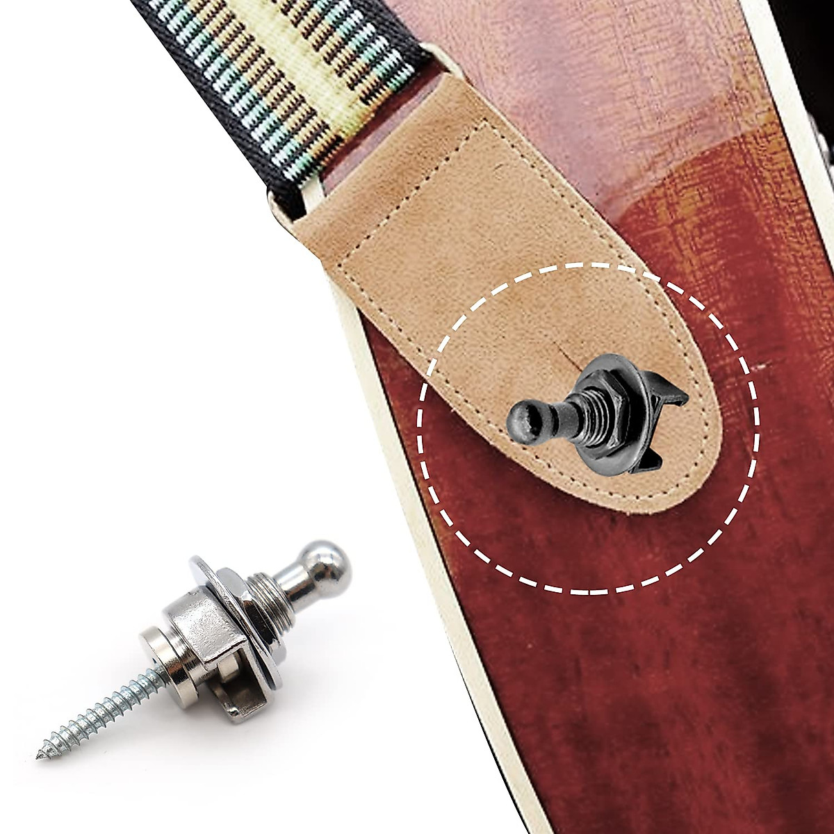 Tnuocke 4pcs Silver Metal Guitar Straps Button Lock Set, Guitar Strap Locks with Easy Remove Screw Release Straplocks 4 Black Rubbers Washers(Silver) H-K-003-W