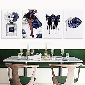 Yamaxun ART Fashion Art Blue Silver Prints Illustration African American Gray Navy Perfume Dripping Lips High Heels Wall Art Decor Set of