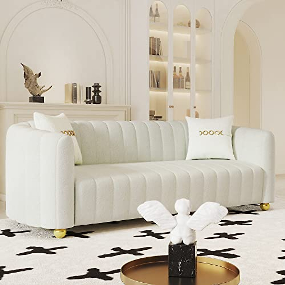 Kadway Lambswool Sofa for Living Room, 84" Mid-Century Modern Beige Couch, Luxury Loveseat Sofa Couch, Sectional Love seat Sofa Couch with Gold Legs, Upholstered Sofa for Apartment Bedroom Home Office