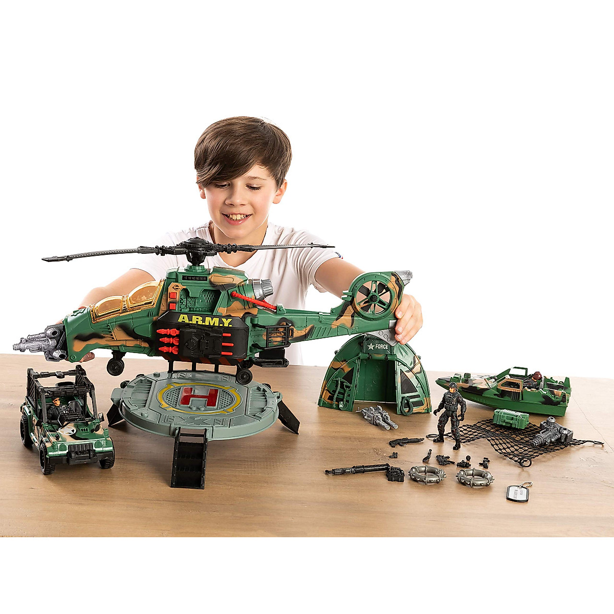 JOYIN 10-in-1 Jumbo Military Combat Helicopter Toy Set with Military Vehicle Toys and Military Action Figures, Realistic Lights and Sounds, for Combat Toys Imaginative Play