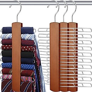 4 Pieces Tie Hanger for Men Wooden Necktie and Belt Hanger Wooden Tie Rack Holder Walnut Center Organizer and Storage Rack Finish 20 Hooks Space Saving Organizer for Closet(Archaize Color)