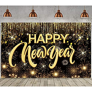 Happy New Year Hanging Extra Large Fabric Sign Poster Background Banner with Firework Pattern for New Year Party Decorations