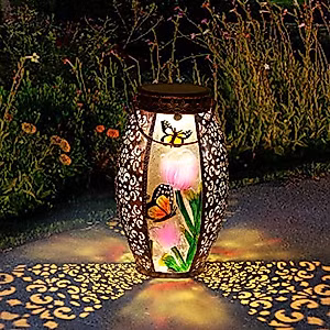 Outdoor Solar Lantern-Waterproof Butterfly Hanging Metal Decorative Lights for Patio Table Garden Pathway Yard with Super Bright Warm White LED, Large Solar Panels, Auto On/Off Light