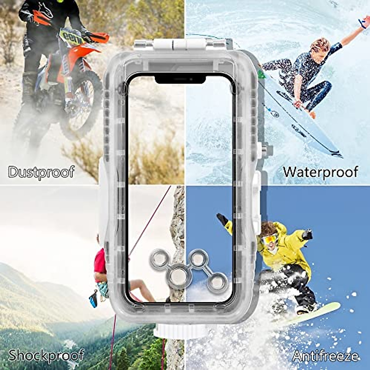 Andoer PU9113W Diving Waterproof Phone Case Dust-Proof Shock-Proof Phone Housing with Red Filter 1/4 Inch Screw Holes Replacement for iPhone 13/13 Pro/ 12/12 Pro Diving Surfing Swimming Surfing