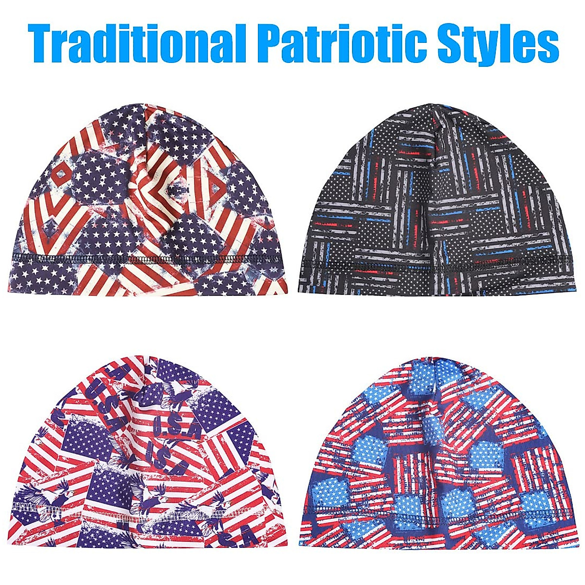 Sweat Wicking Skull Beanie Helmet Liner Running Hat Cycling Caps Cooling Cap US Flags Skullcap Liners Fits Under Motorcycle Helmets for Men and Women (Patriotic Pack)