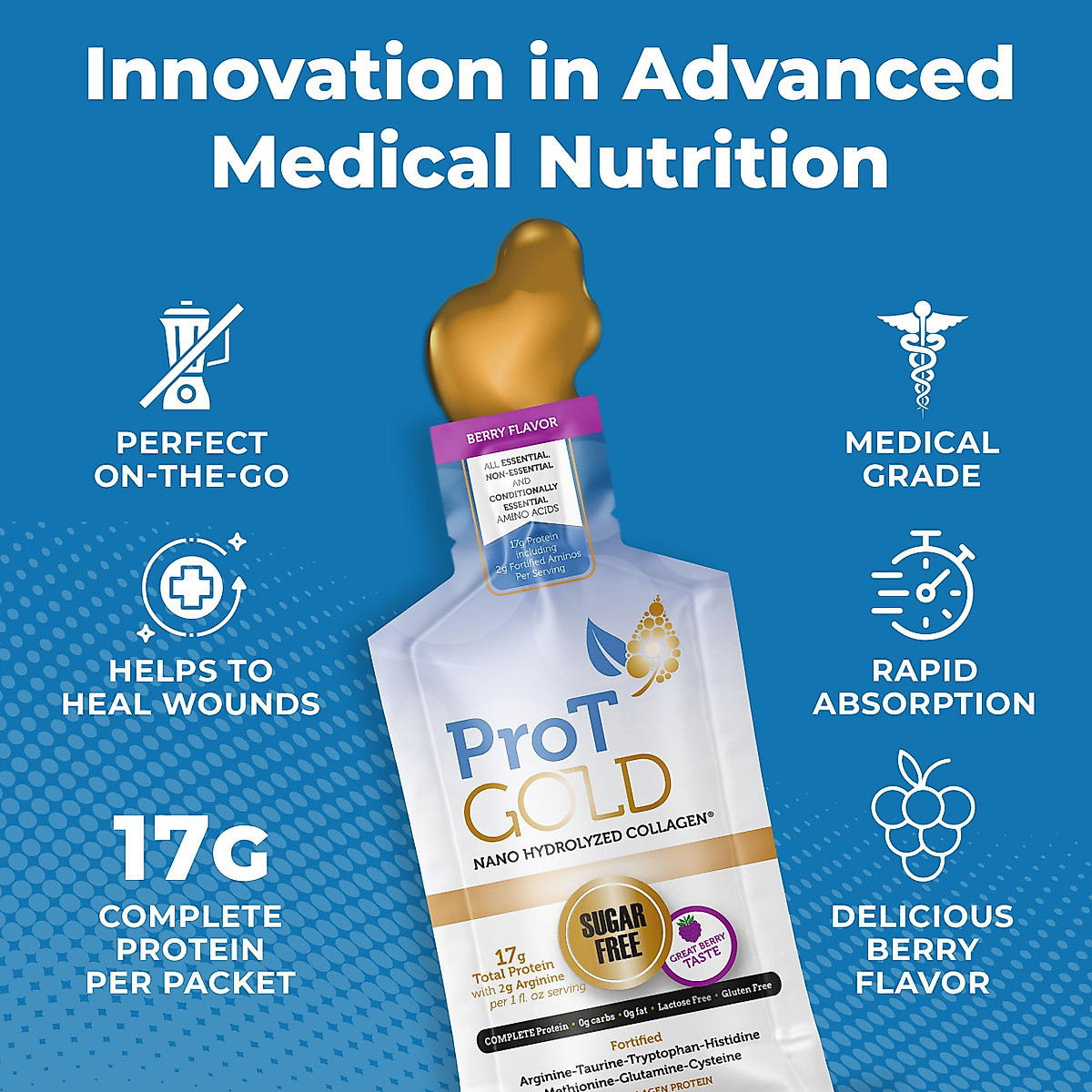 ProT Gold Liquid Collagen Protein Shot, 17g Clear Protein Nano-Hydrolyzed Grass Fed Collagen, 2g Arginine for Wound Support, Gluten Free, Sugar Free, 0g Carbs, Non GMO, Berry, 1 fl oz, 24 Pack