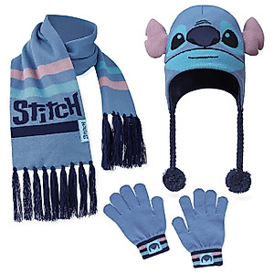 Disney Stitch Girls Beanie Scarf Teenagers Kids Gloves Winter Accessories Stitch Gifts, Different Sets to Choose (Blue Stitch 3 Pcs)