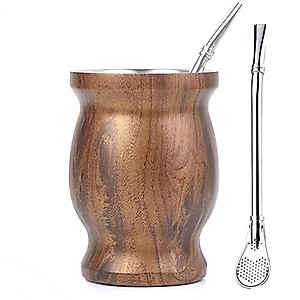 FAMKX 8oz Yerba Mate Cup With Bombillas Straw & Cleaning Brush, Stainless Steel Double wall Travel Gourd Mug Tumbler, (Wood grain)