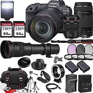 Canon EOS R5 Mirrorless Camera w/RF 24-105mm f/4 L IS USM Lens + EF 75-300mm f/4-5.6 III Lens + 420-800mm f/8.3 HD Telephoto Lens + 2X 64GB Memory + Hood + Case + Filters + Tripod + More (35pc Bundle)