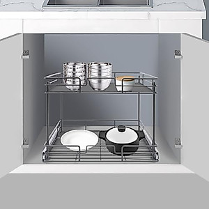 Pull Out Cabinet Organizer, Heavy Duty Metal Cabinet Drawers,Drawer Storage for Kitchen, Bathroom, Home,2 Tier Cabinet Pull Out Shelves (Grey)