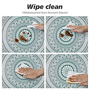 WILL BUDXEG Teal Grey Boho Modern Mandala Turquoise Round Fitted Table Cover Elastic Edge Circle Tablecloth for Outdoor Dining Party Holiday Fits Table up 45"-50" Diameter