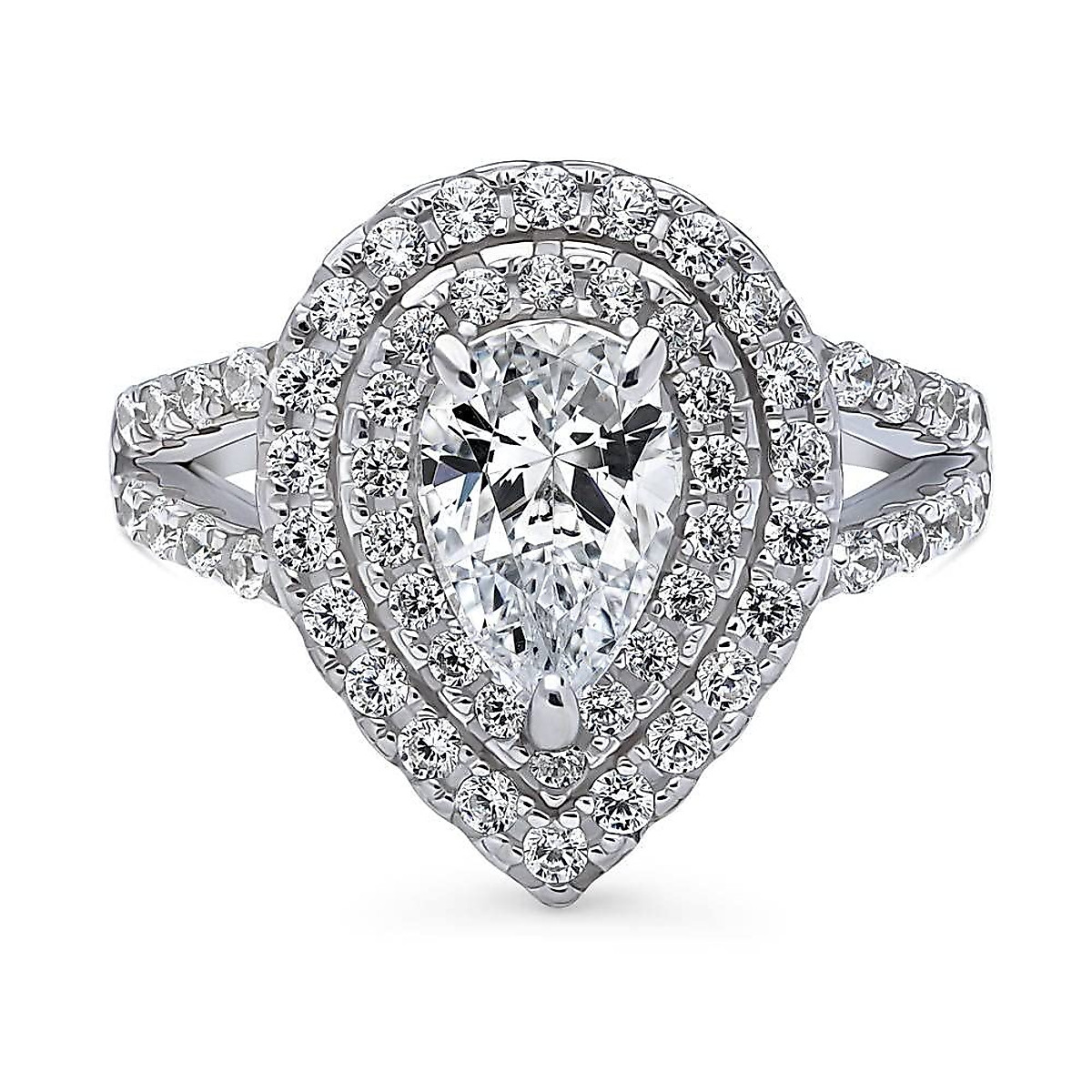 BERRICLE Sterling Silver Halo Wedding Engagement Rings Pear Cut Cubic Zirconia CZ Statement Cocktail Split Shank Ring for Women, Rhodium Plated Size 5