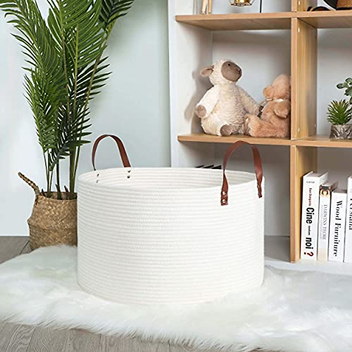 MINTWOOD Design Extra Large 20 x 13 Inches Decorative Cotton Rope Basket, Blanket Basket Living Room, Woven Laundry Basket, Storage Baskets Bin, Round Pillow Towel Basket with Long Handles, White