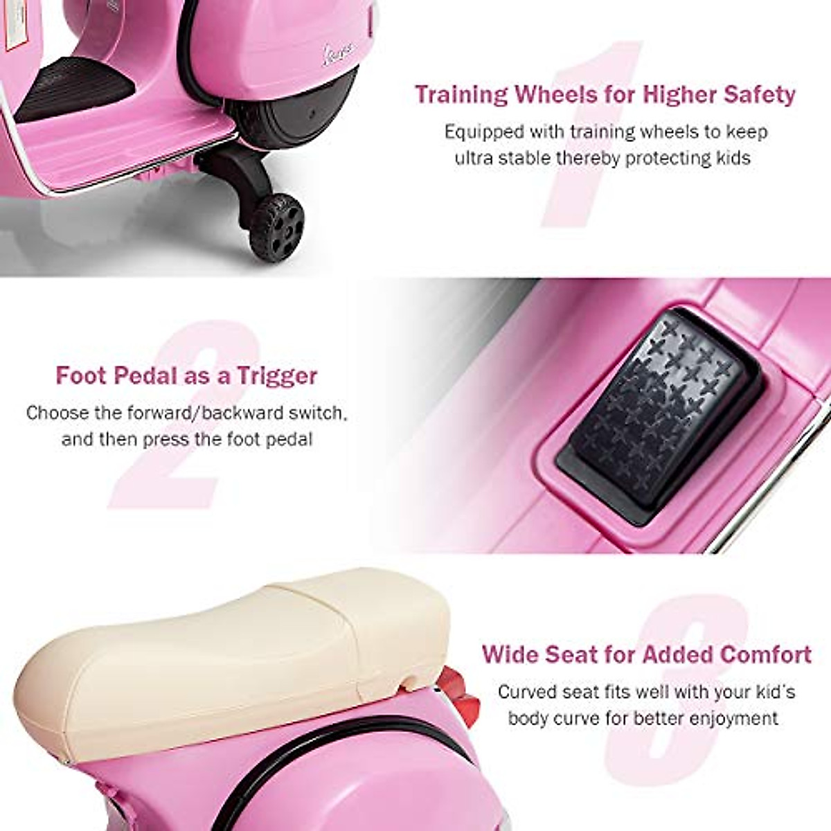 Costzon Kids Vespa Scooter, 6V Rechargeable Ride on Motorcycle w/Training Wheels, Key Switch, Music Horn Lights, Forward/Reverse, ASTM Certification, Gift for Children Boys Girls (Pink)