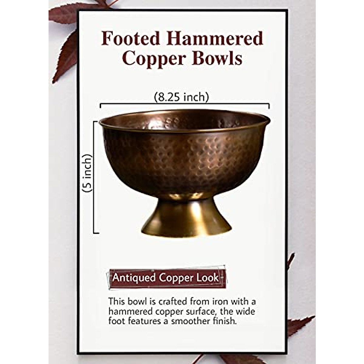 Serene Spaces Living Large Antique Style Hammered Copper Decorative Bowl, Rustic Home Accent Bowls for Flowers, Potpourri, Keys, For Coffee Table, Entryway Console, Measures 5" Tall & 8.25" Diameter