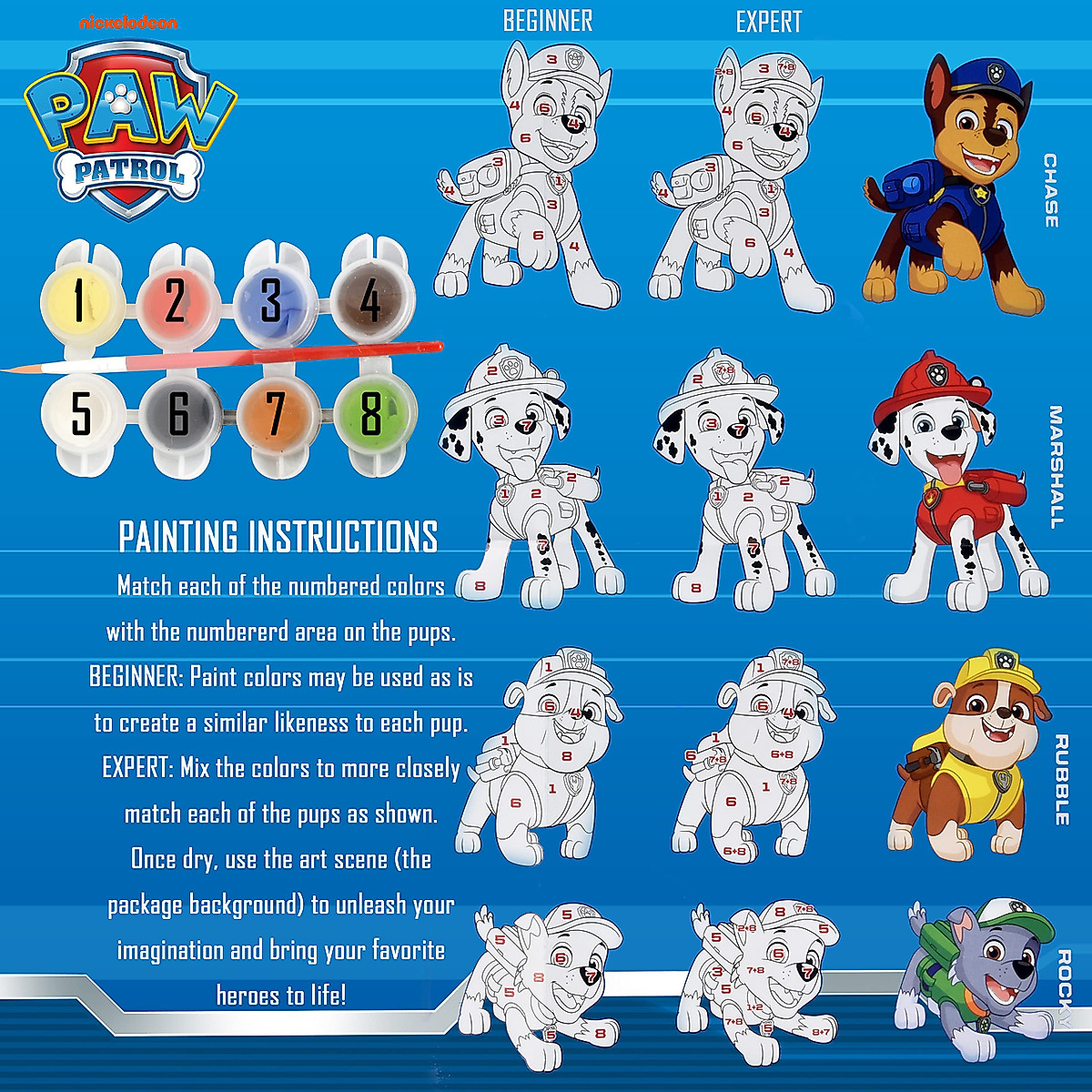 Gift Boutique Paint Your Own Paw Patrol Figurines, Paintable Art Craft Set for Kids Includes Decorating Paw Figures Marshall Rubble Chase and Rocky, 8 Pots of Paint, Paint Brush and Bookmark