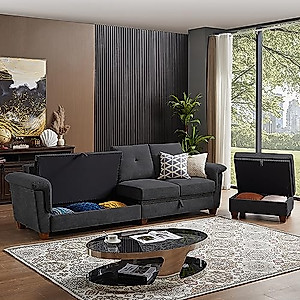 Jarenie Sectional Sofa with Storage and Cupholder, 4 Seat L Shaped Couch with Reversible Ottoman, Wooden Legs, Upholstered Fabric Sofa Couches for Living Room, Apartment, Office (Dark Grey)