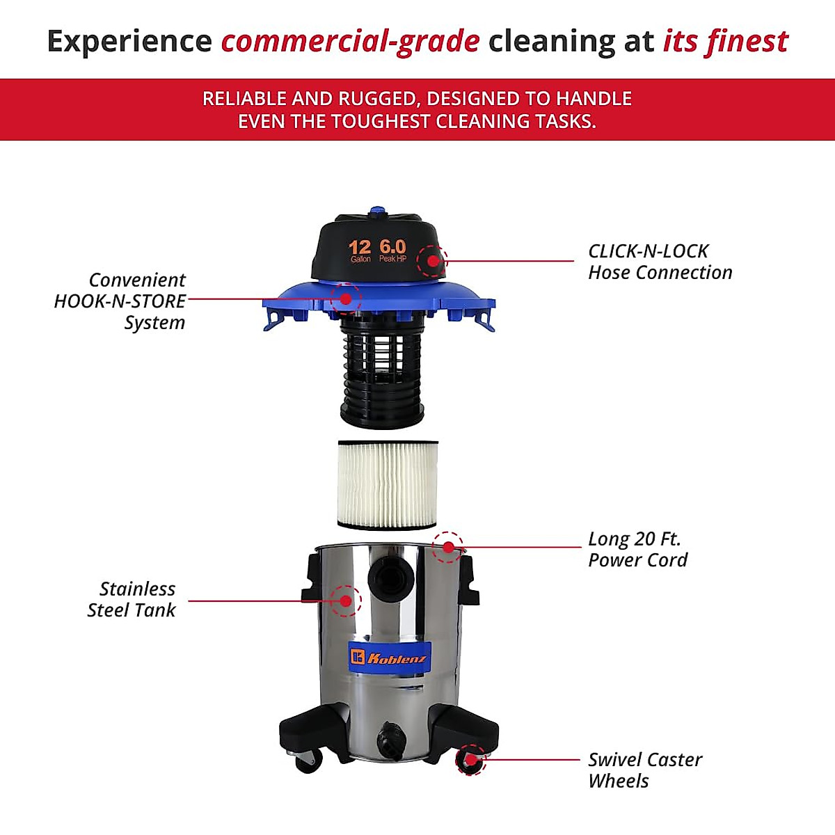 Koblenz WD-12 L314 SS Wet-Dry Vacuum, 12 Gallon Stainless 6.0HP, 1 7/8 x 7 Ft EVA Hose, Stainless+Blue 5 Year Warranty