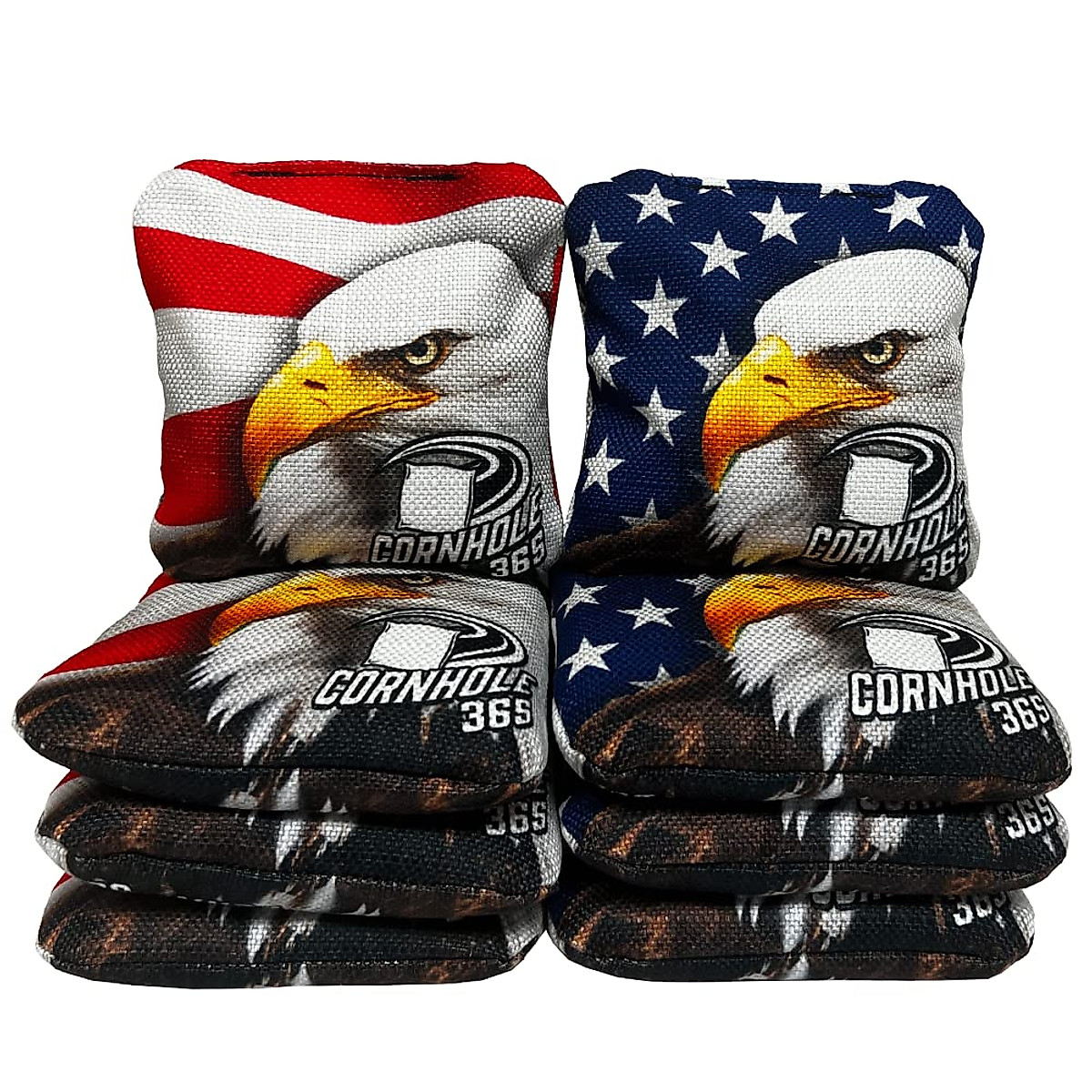 Cornhole365 Themed Cornhole Bags - All-Weather, Heavy-Duty Fabric, Resin Filling, Double-Stitched Duck Cloth - Professional Corn Hole Bean Bags for Indoor & Outdoor Use - American Eagle - Set of 8