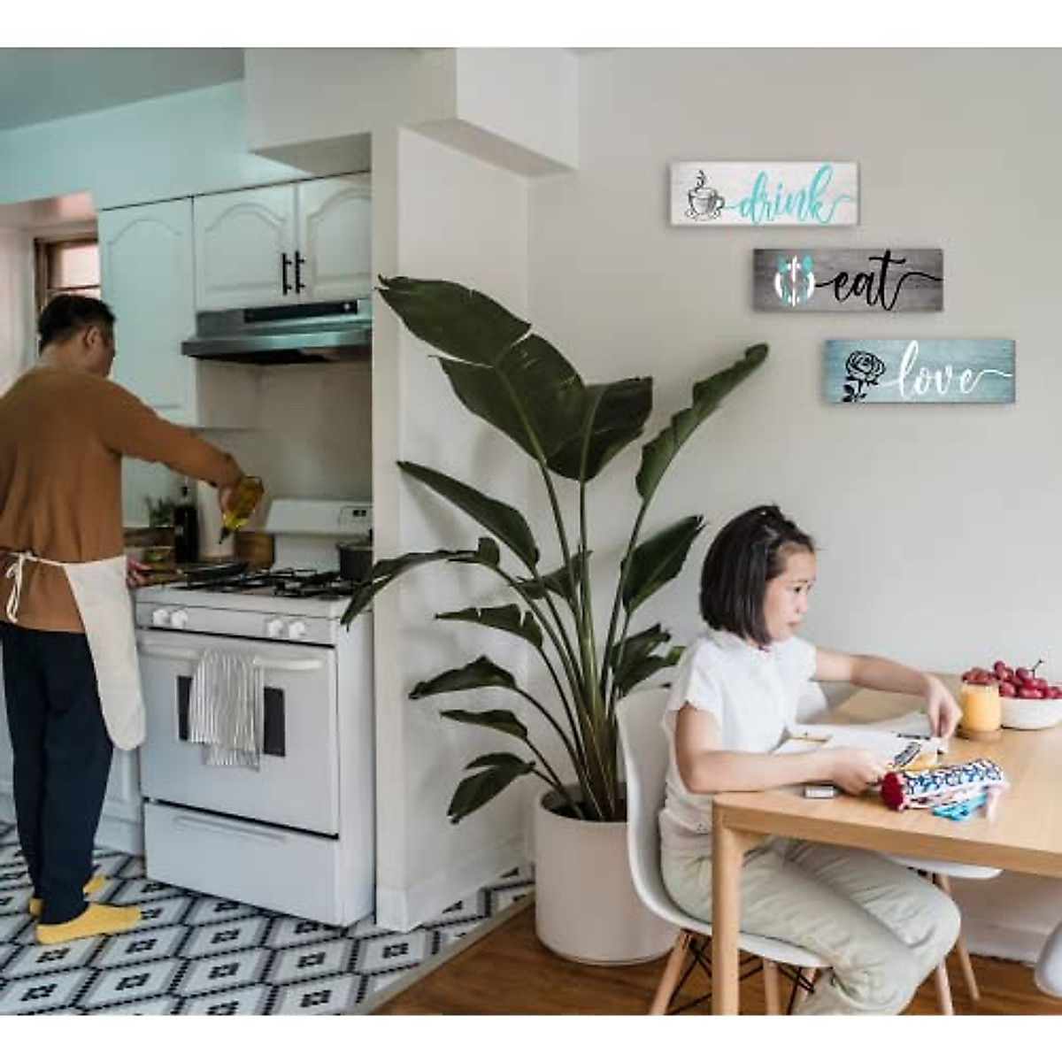 Creoate Teal Kitchen Wall Decor Art, Set of 3- Eat Drink and Love Wood Plaque, Dinning Room Wall Art Rustic Farmhouse Decor, Turquoise, Gift for Home