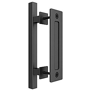 SMARTSTANDARD Heavy Duty 12" Pull and Flush Barn Door Handle Set, Large Rustic Two-Side Design, for Gates Garages Sheds Furniture, Solid Steel, Square, Black