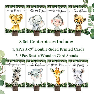 8Pcs Jungle Safari Centerpieces and Wooden Stands, Safari Baby Shower for Table Decorations, Jungle Animal Birthday Party Centerpiece for Boys Kids, Wild One Themed Birthday Party Supplies
