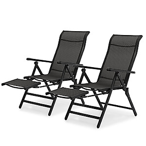 Set of 2 Patio Folding Sling Chair Reclinable Lounge Chaise Black