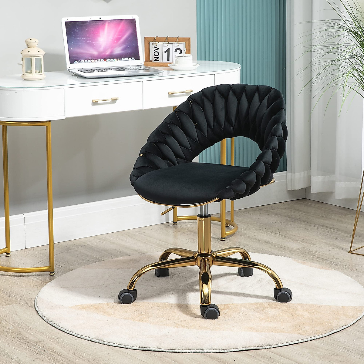 Modern Velvet Office Desk Chair, Upholstered Makeup Vanity Chair with Woven Tufted Back and Gold Base, Swivel Task Chair with Wheels Women Girls Cute Desk Chair for Vanity Room Bedroom Study Black