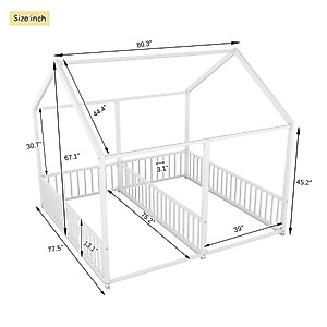 P PURLOVE Double Twin Floor Bed Frame for 2 Kids,Double Twin Size Metal Shared Bed with Fence Railings,House Floor Bed Frame Twin Size with Roof or Kids,Teens, Boys & Girls