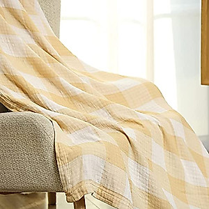 MoreverSparn 70% Bamboo 30% Cotton Muslin Throw Blanket, Buffalo Check Pattern, Soft and Breathable Gauze, Khaki Gingham Bedding
