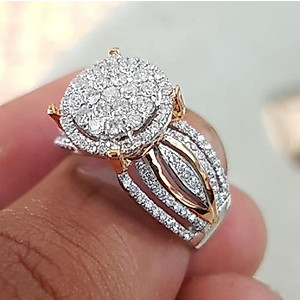 Women's 925 Silver Plated 18K Gold Two-tone Ring Luxury Full Diamond Round Super Flash Zircon Ring Simulated Diamond Wedding or Engagement Ring for Women (7#)