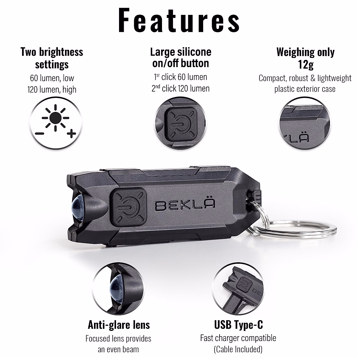 BEKLA Rechargeable Keychain Flashlight, 120 Lumen Mini Flashlight, EDC Keychain Light, Flashlight Keychain, Small Flashlights.